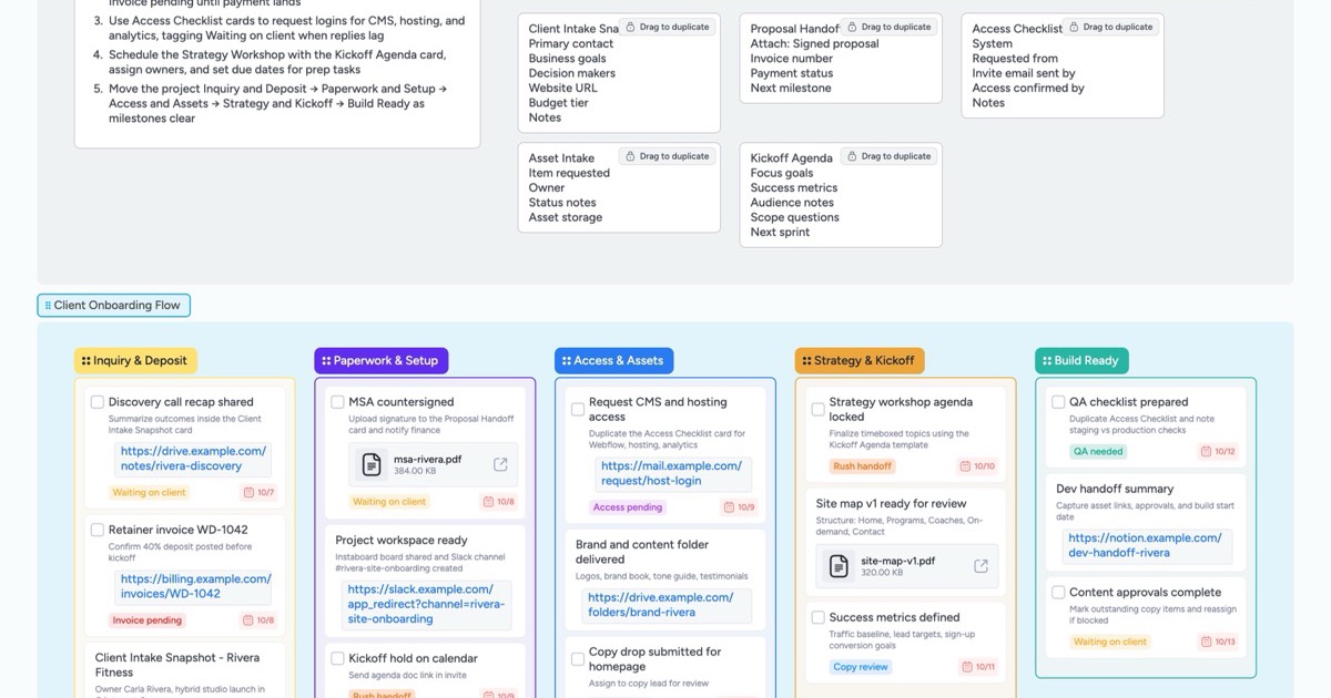 Web Design Client Onboarding Flow Template | Instaboard